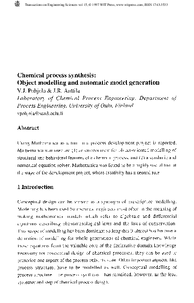 (PDF) Chemical Process Synthesis:Object Modelling And Automatic Model Generation