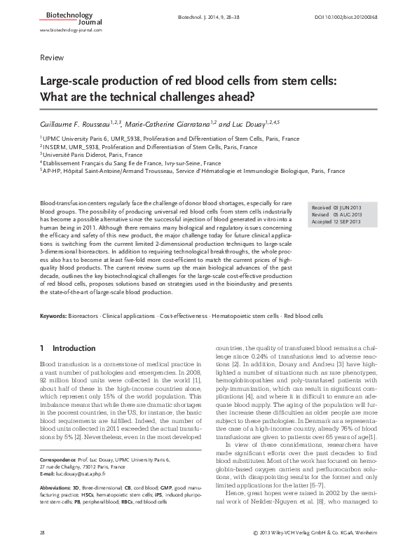 (PDF) Large-scale production of red blood cells from stem cells: What ...