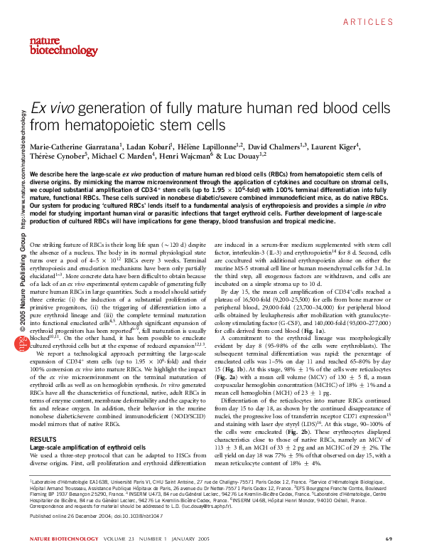 (PDF) Ex vivo generation of fully mature human red blood cells from ...