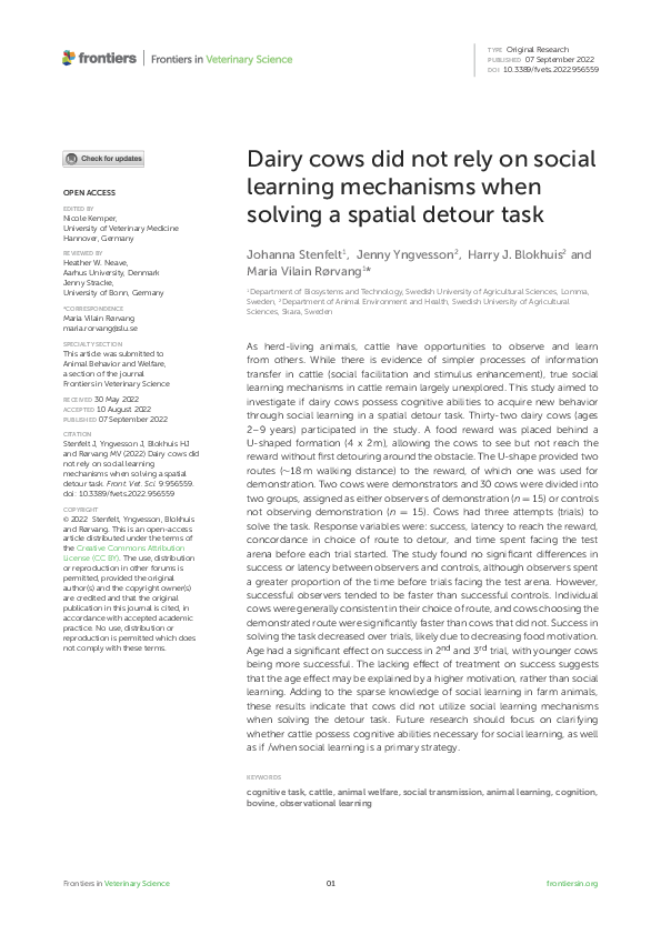 (PDF) Dairy cows did not rely on social learning mechanisms when solving a spatial detour task