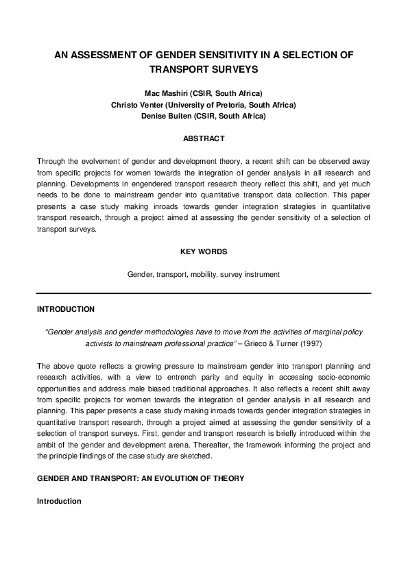 (PDF) An assessment of gender sensitivity in a selection of transport ...