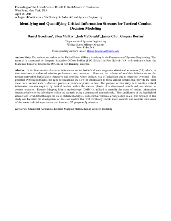 (PDF) Identifying and Quantifying Critical Information Streams for Tactical Combat Decision Modeling