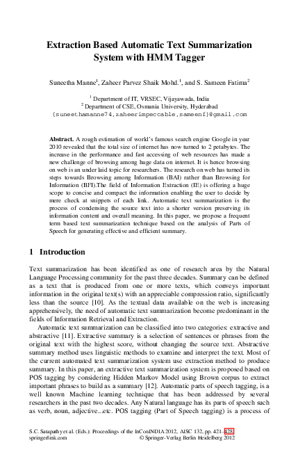 Pdf Extraction Based Automatic Text Summarization System With Hmm Tagger