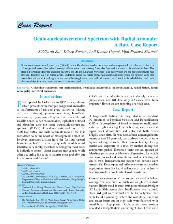 (PDF) Oculo-auriculovertebral Spectrum with Radial Anomaly: A Rare Case ...