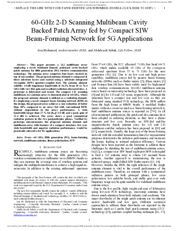(PDF) 60 GHz 2-D Scanning Multibeam Cavity-Backed Patch Array Fed by Compact SIW Beamforming ...