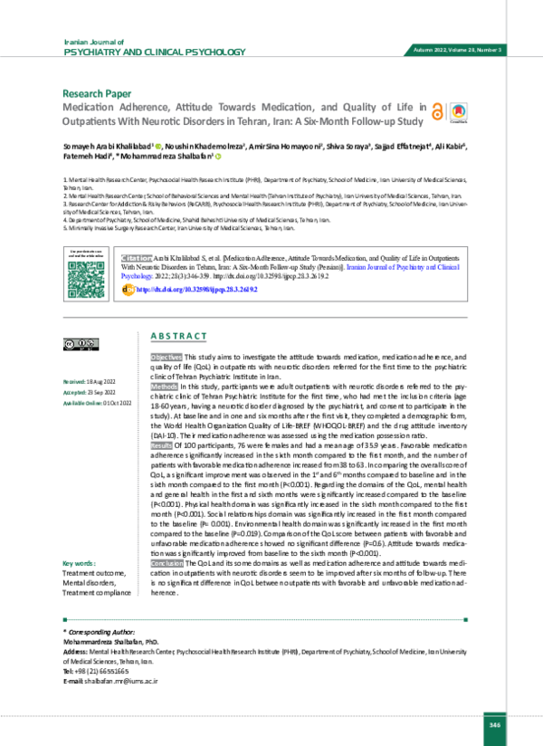 (PDF) Medication Adherence, Attitude Towards Medication, and Quality of Life in Outpatients With ...