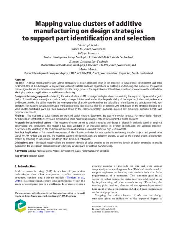 (PDF) Mapping value clusters of additive manufacturing on design strategies to support part ...