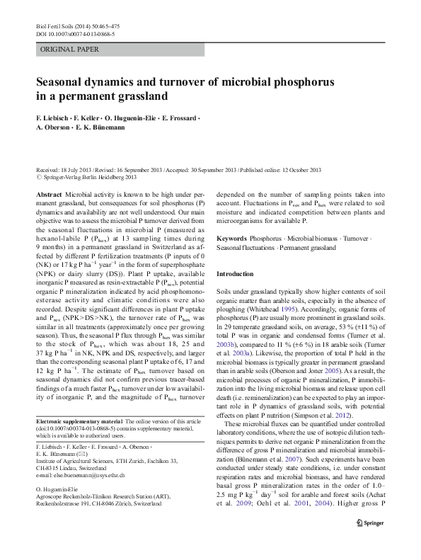 (PDF) Seasonal dynamics and turnover of microbial phosphorusin a permanent grassland