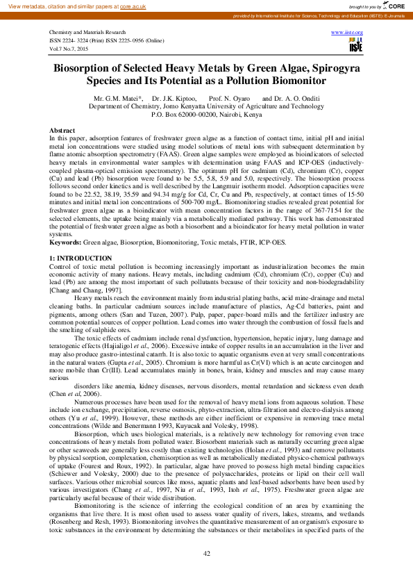 (PDF) Biosorption of Selected Heavy Metals by Green Algae, Spirogyra ...