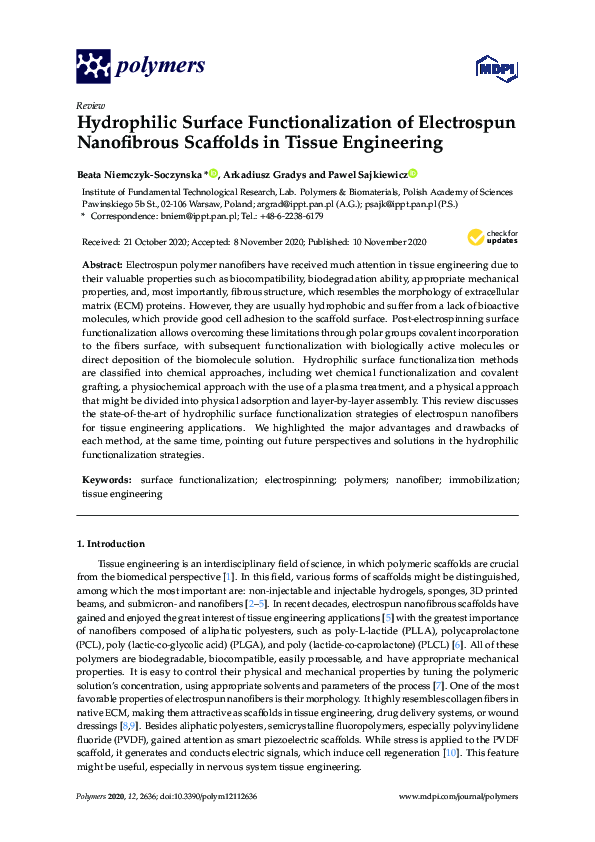 (PDF) Hydrophilic Surface Functionalization of Electrospun Nanofibrous Scaffolds in Tissue ...