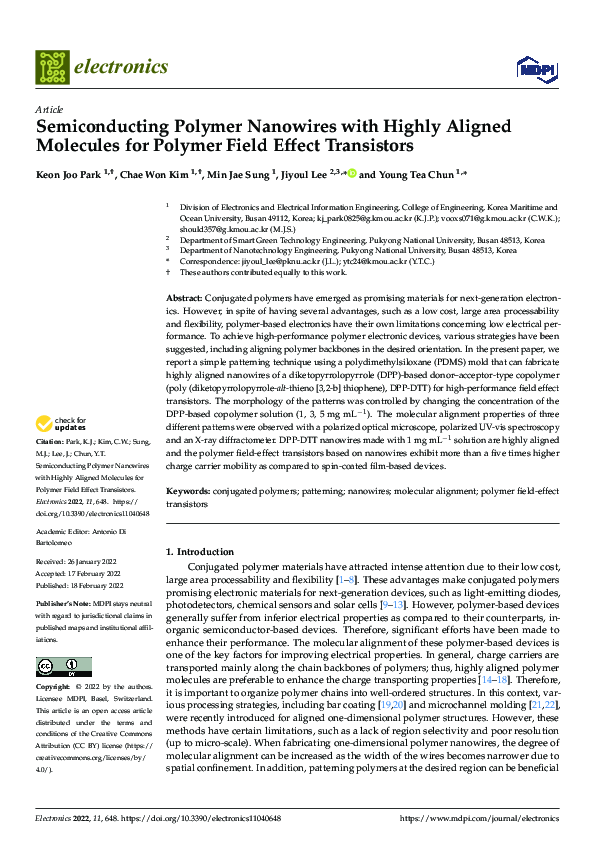 (PDF) Semiconducting Polymer Nanowires with Highly Aligned Molecules for Polymer Field Effect ...