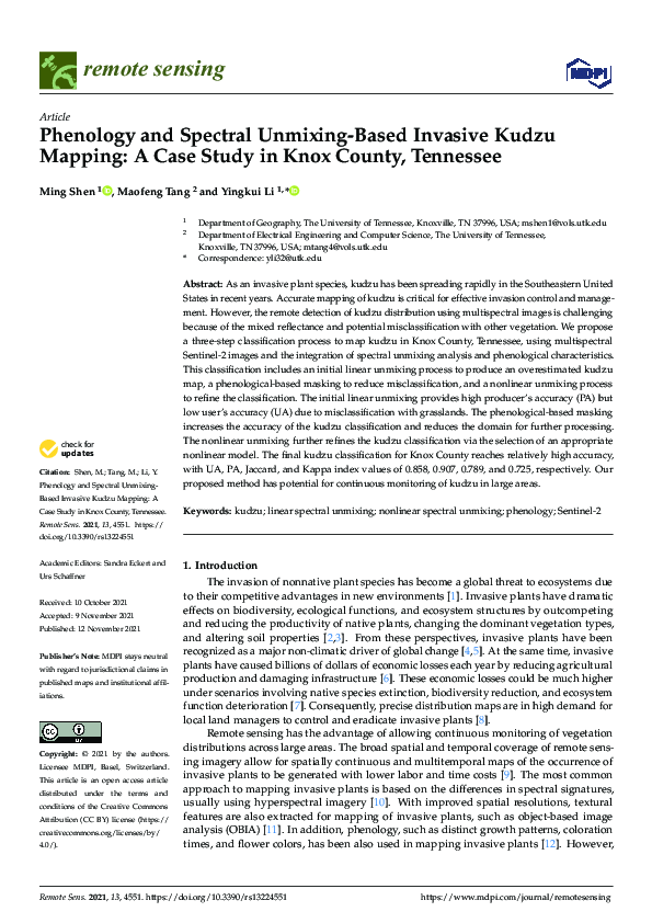 (PDF) Phenology and Spectral Unmixing-Based Invasive Kudzu Mapping: A Case Study in Knox County ...
