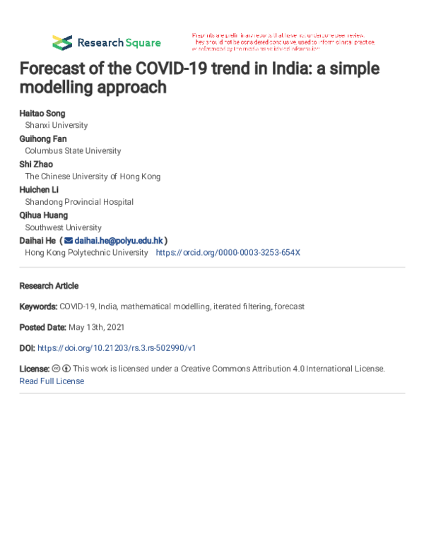(PDF) Forecast of the COVID-19 trend in India: a simple modelling approach