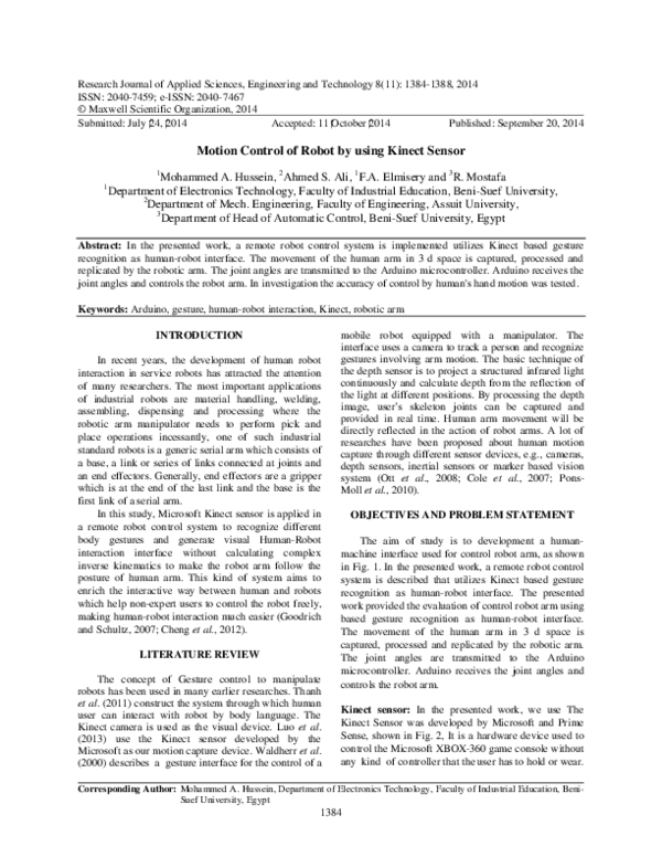 Pdf Motion Control Of Robot By Using Kinect Sensor