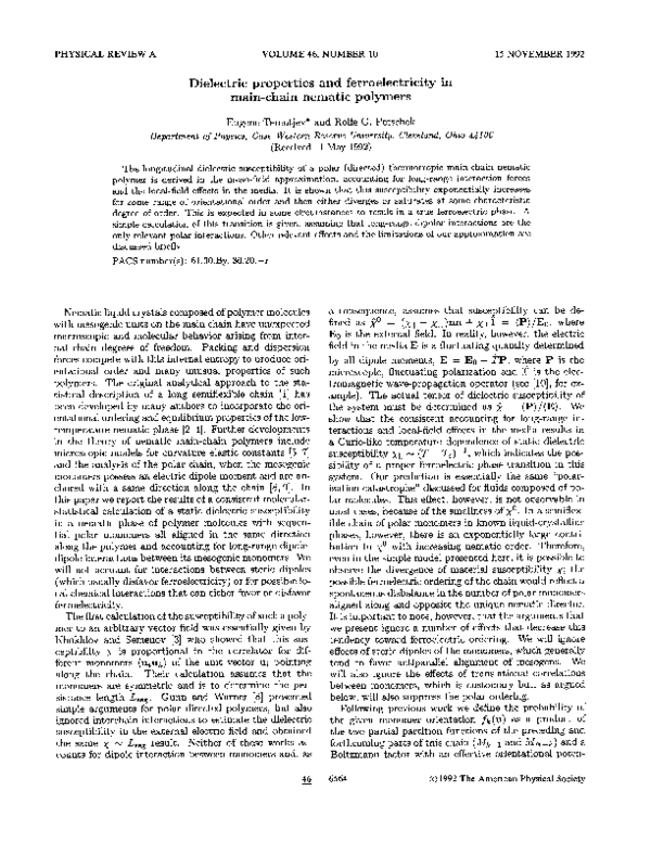 Pdf Dielectric Properties And Ferroelectricity In Main Chain Nematic Polymers