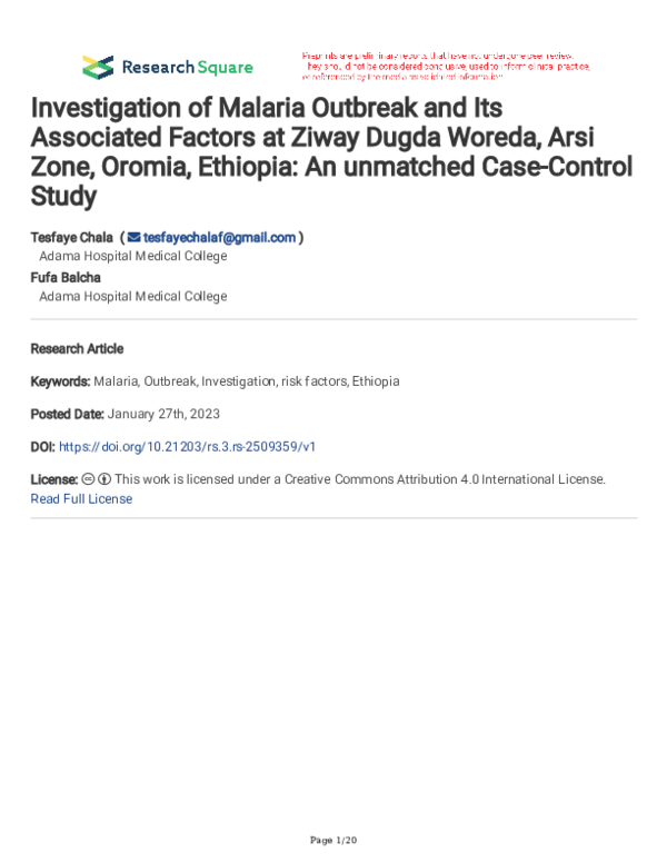 (PDF) Investigation of Malaria Outbreak and Its Associated Factors at ...