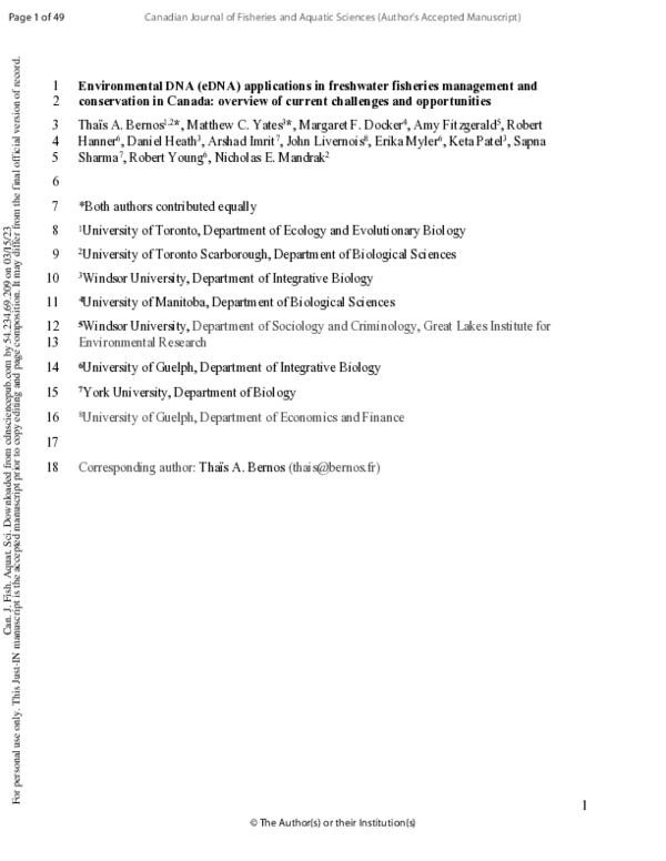 (PDF) Environmental DNA (eDNA) applications in freshwater fisheries ...