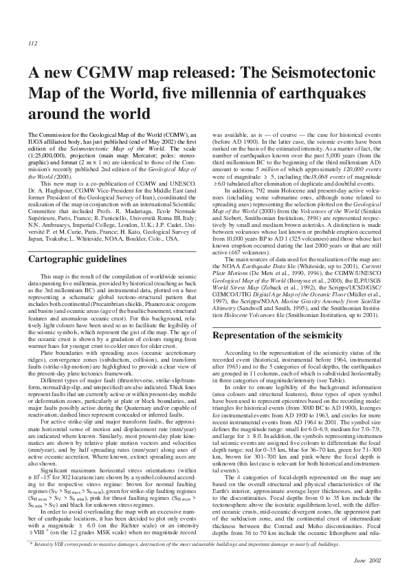 (PDF) A new CGMW map released: The Seismotectonic Map of the World, five millennia of ...