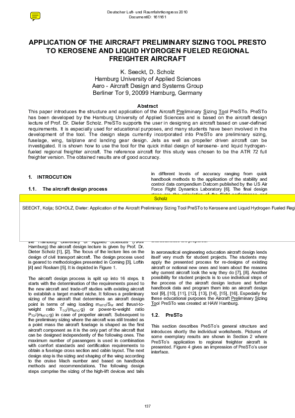 (PDF) Application of the Aircraft Preliminary Sizing Tool Presto to ...