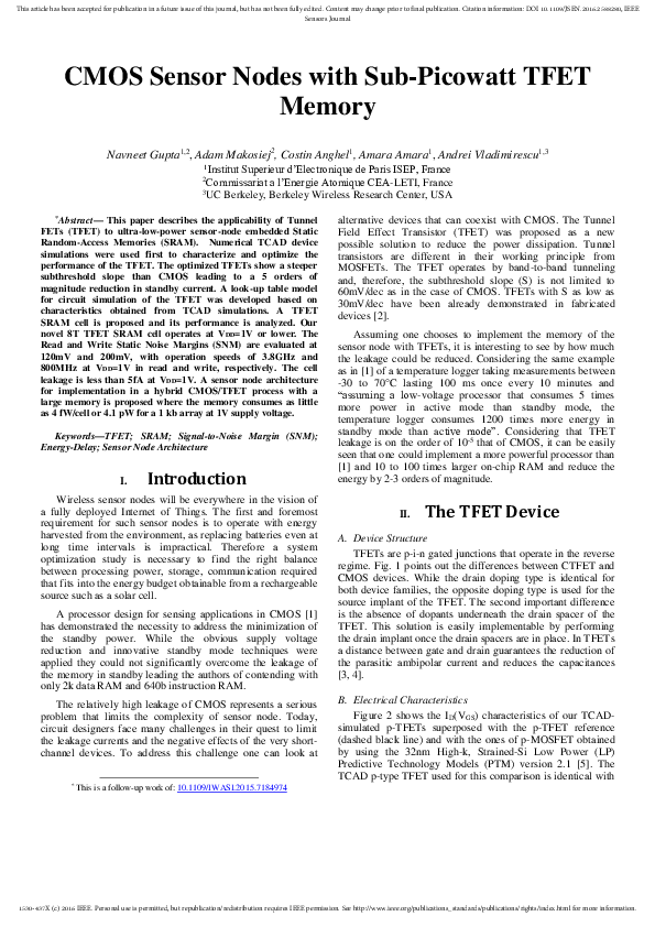 (PDF) CMOS Sensor Nodes with Sub-PicoWatt TFET Memory