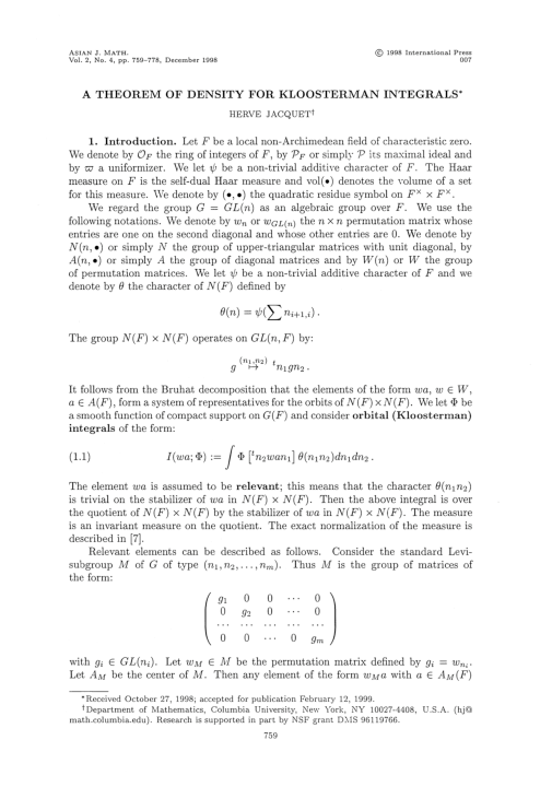 (PDF) A theorem of density for Kloosterman integrals