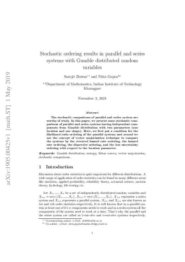 (PDF) ST ] 1 M ay 2 01 9 Stochastic ordering results in parallel and series systems with Gumble ...