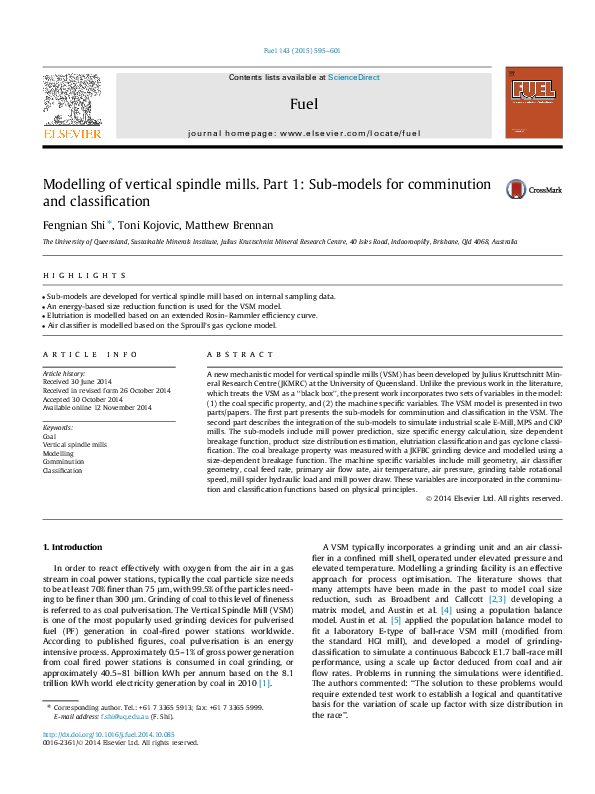 Pdf Modelling Of Vertical Spindle Mills Part 1 Sub Models For Comminution And Classification