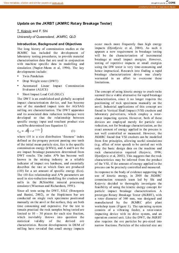 (PDF) Update on the JKRBT (JKMRC Rotary Breakage Tester)