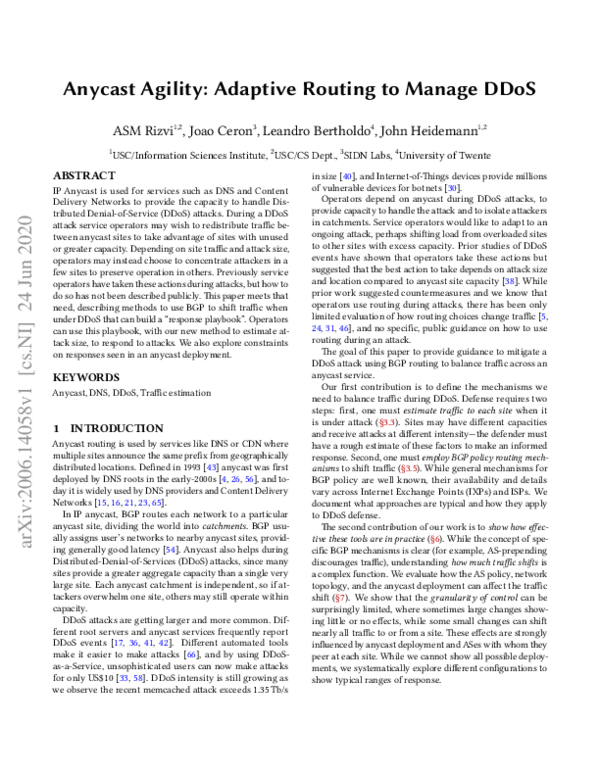 (PDF) Anycast Agility: Adaptive Routing to Manage DDoS