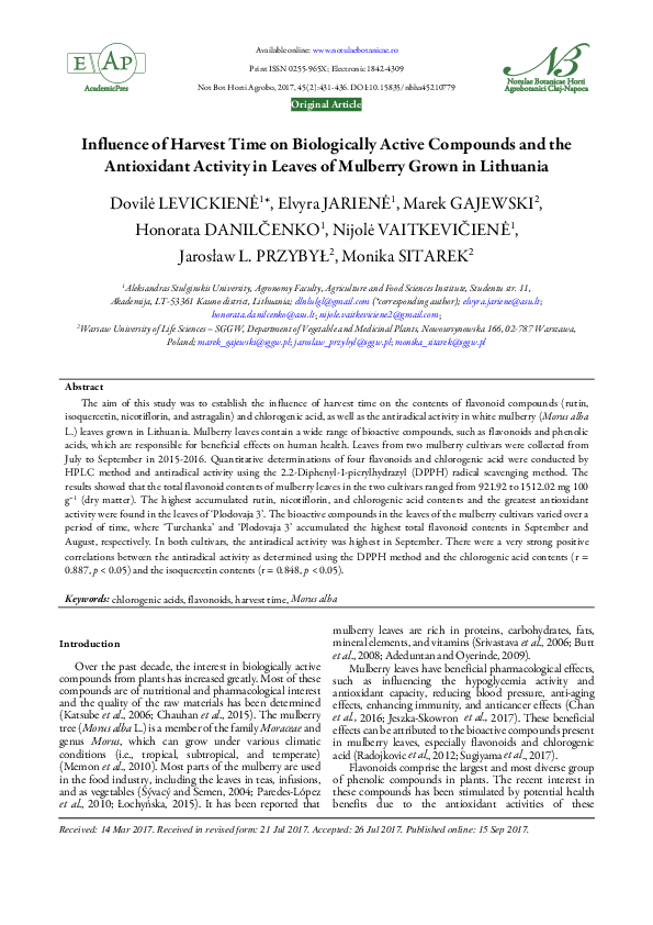 (PDF) Influence of Harvest Time on Biologically Active Compounds and the Antioxidant Activity in ...