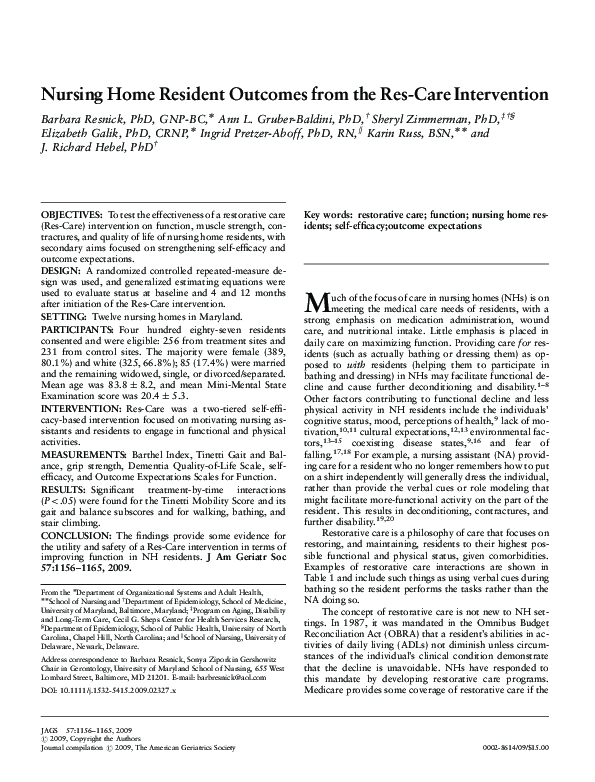 (PDF) Nursing Home Resident Outcomes from the Res-Care Intervention