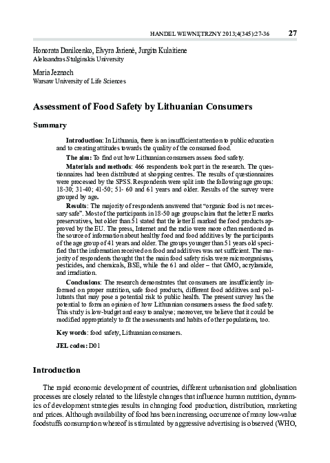 (PDF) Assessment of Food Safety by Lithuanian Consumers Summary