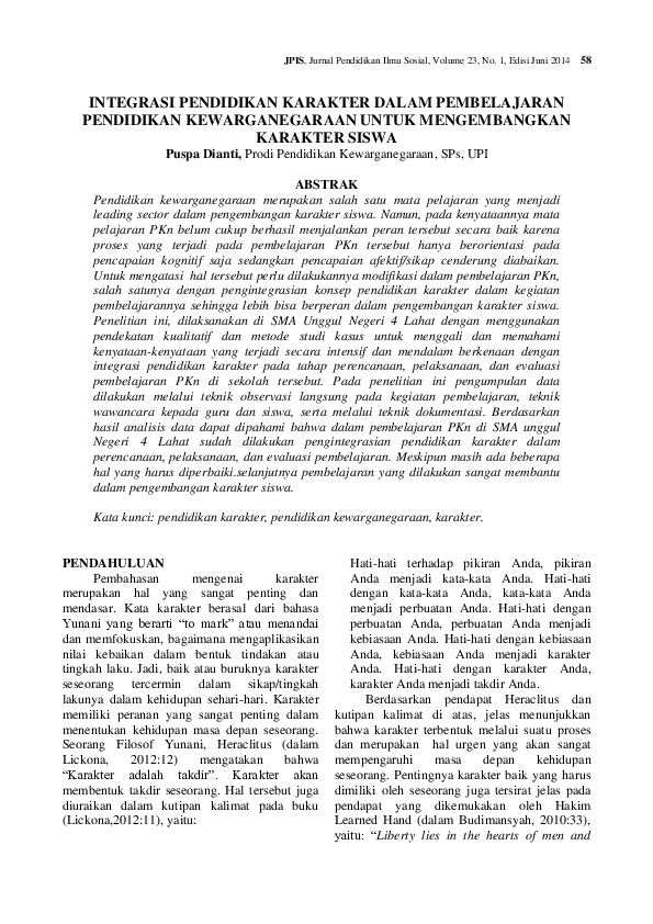 (PDF) Integrasi Pendidikan Karakter Dalam Pembelajaran Pendidikan Kewarganegaraan Untuk ...