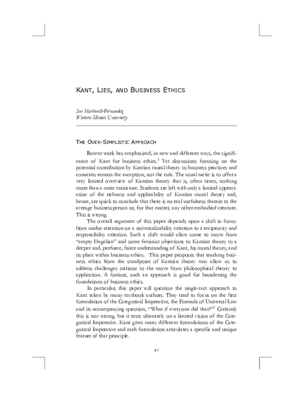 (PDF) Kant, Lies, and Business Ethics