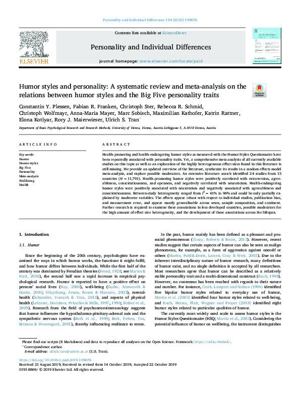 (PDF) Humor styles and personality: A systematic review and meta ...
