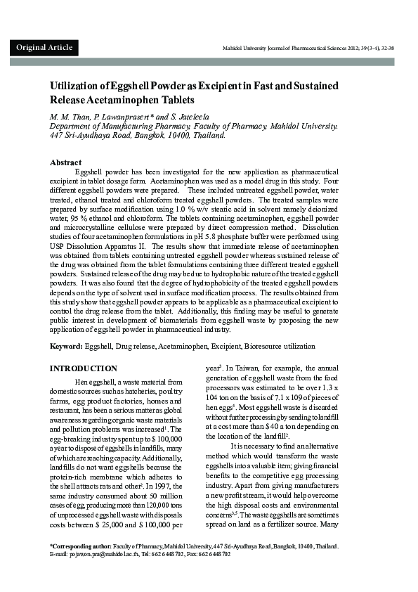 (PDF) Utilization of Eggshell Powder as Excipient in Fast and Sustained ...