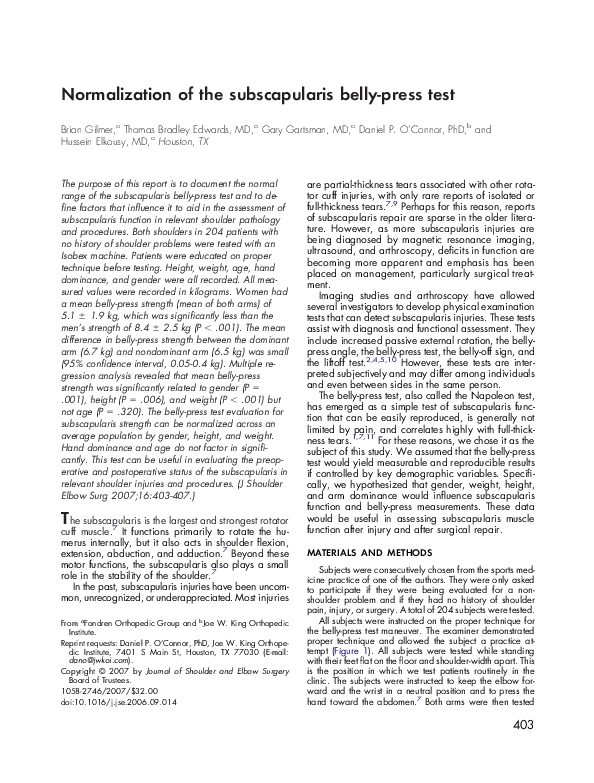 (PDF) Normalization of the subscapularis belly-press test