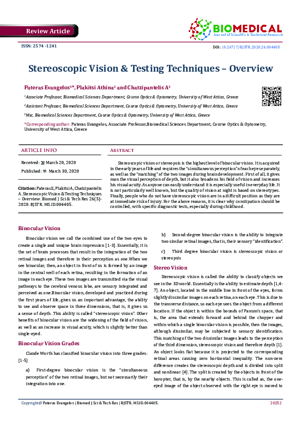 (PDF) Stereoscopic Vision Testing Techniques – Overview
