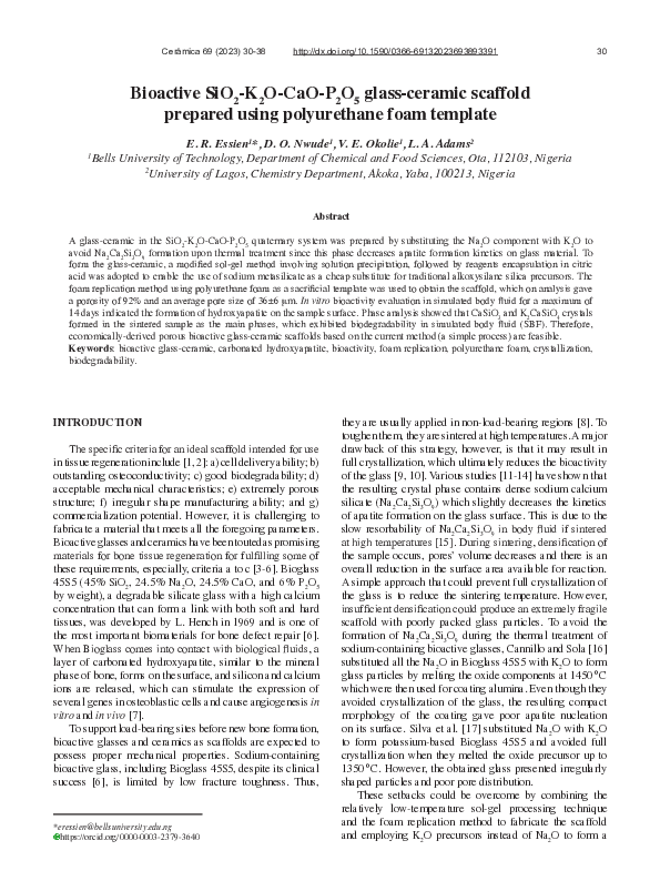 (PDF) Bioactive SiO2-K2O-CaO-P2O5 glass-ceramic scaffold prepared using polyurethane foam template