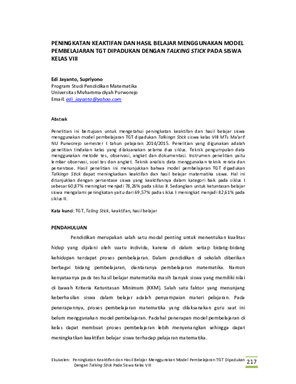 (PDF) Peningkatan Keaktifan Dan Hasil Belajar Menggunakan Model Pembelajaran TGT Dipadukan ...
