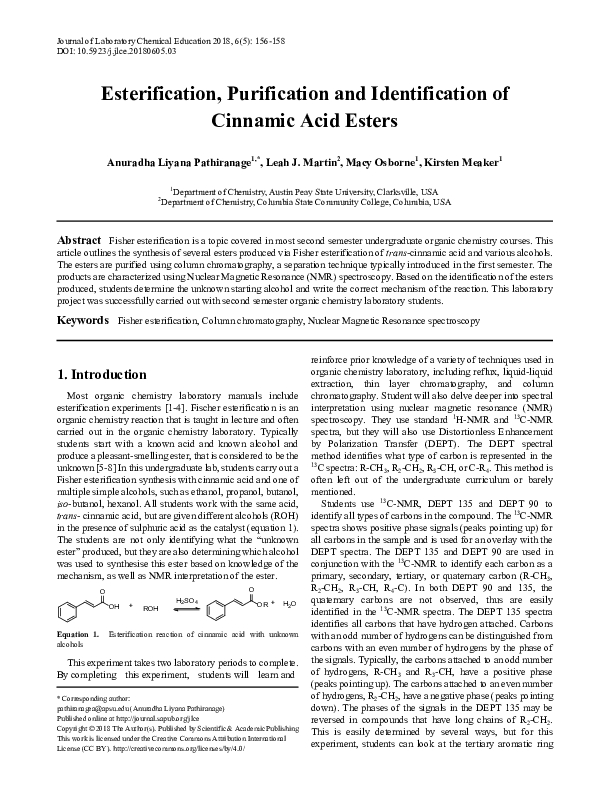 (PDF) Esterification, Purification and Identification of Cinnamic Acid Esters