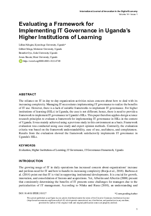 (PDF) Evaluating a Framework for Implementing IT Governance in Uganda's Higher Institutions of ...