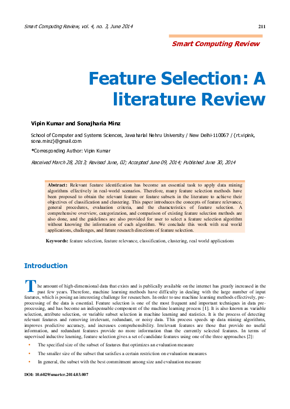 (PDF) Feature Selection: A literature Review