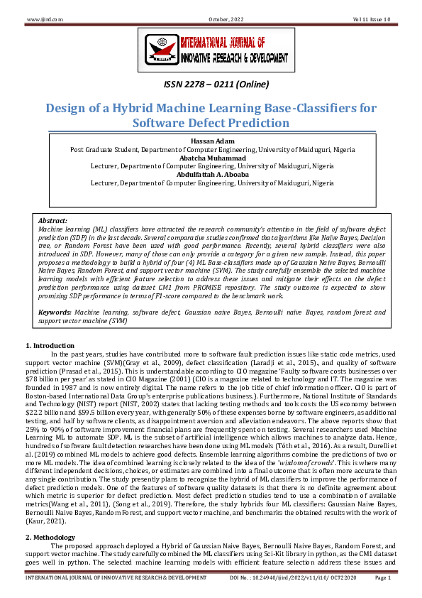 Pdf Design Of A Hybrid Machine Learning Base Classifiers For Software Defect Prediction