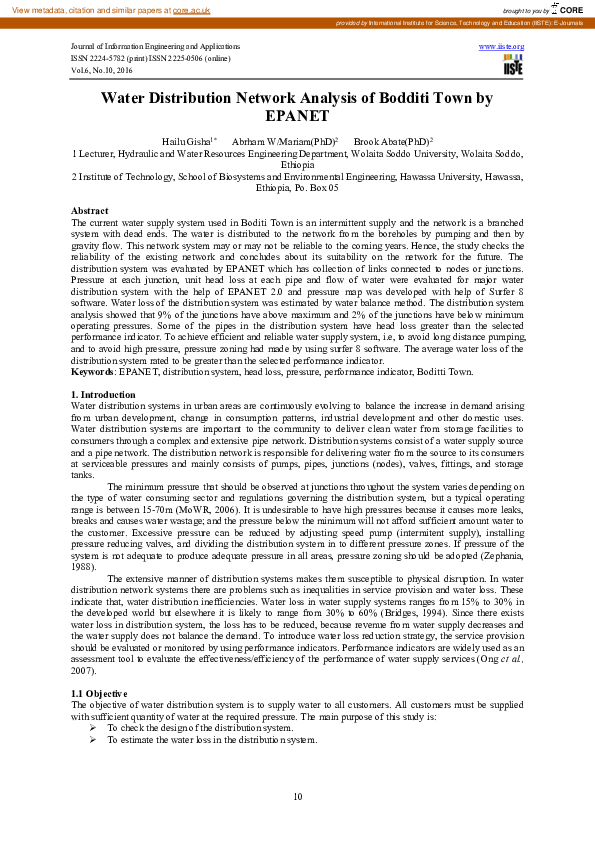 (PDF) Water Distribution Network Analysis of Bodditi Town by EPANET