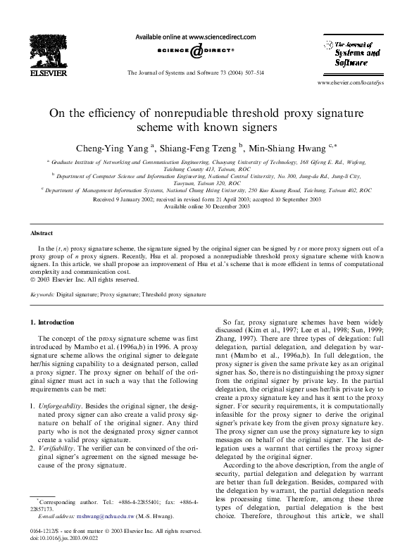 (PDF) On the efficiency of nonrepudiable threshold proxy signature scheme with known signers