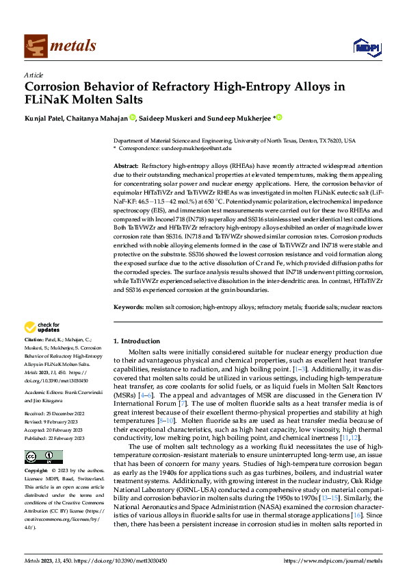 Pdf Corrosion Behavior Of Refractory High Entropy Alloys In Flinak
