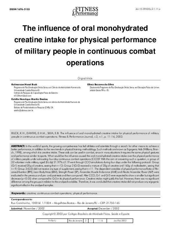 (PDF) The infl uence of oral monohydrated creatine intake for physical ...