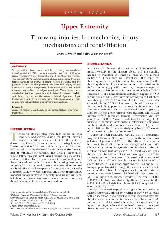 (PDF) Throwing injuries: biomechanics, injury mechanisms and rehabilitation