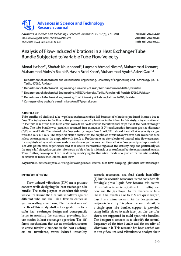 (PDF) Analysis of Flow-Induced Vibrations in a Heat Exchanger Tube ...